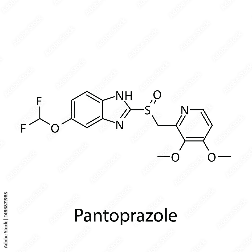 Pantoprazole molecular structure, flat skeletal chemical formula ...