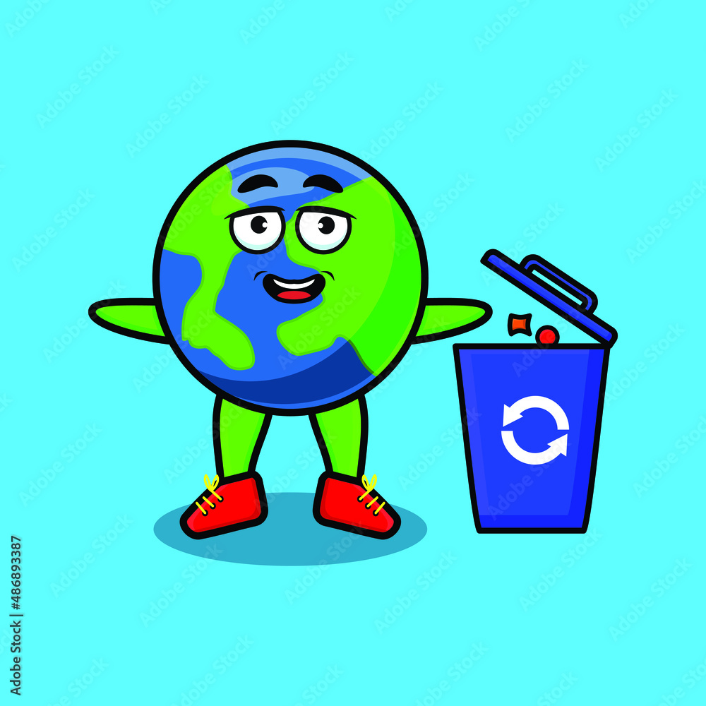 Cute cartoon earth throwing trash in the trash in 3d modern style ...