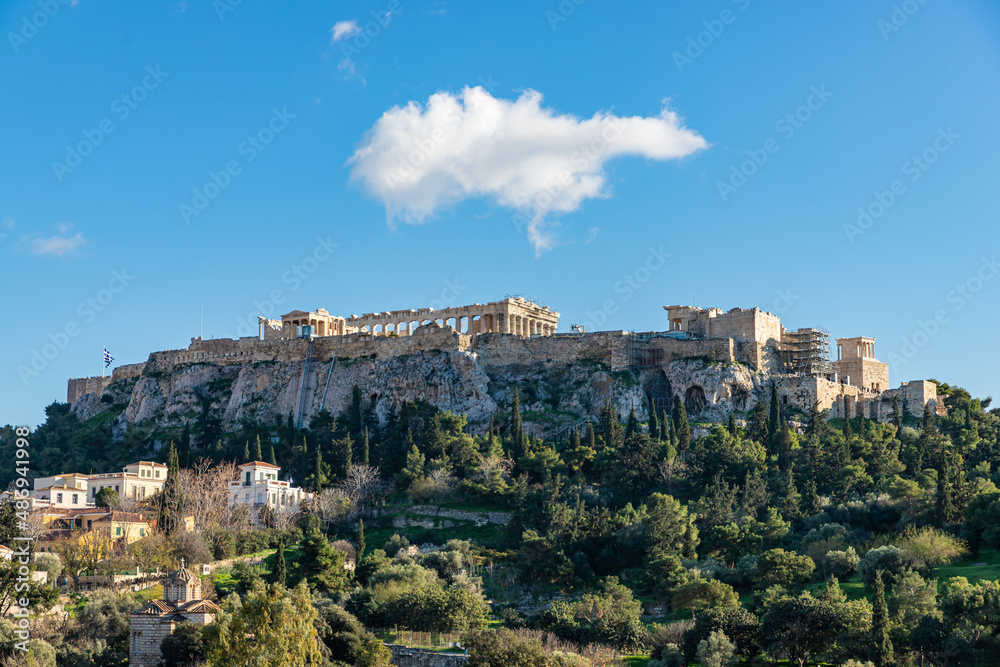 Panorama of the Acropolis. Ancient Greek Parthenon on Acropolis hill is ...