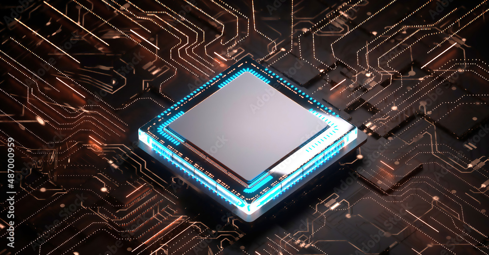 3D rendering of cyberpunk AI. Circuit board. Technology background ...