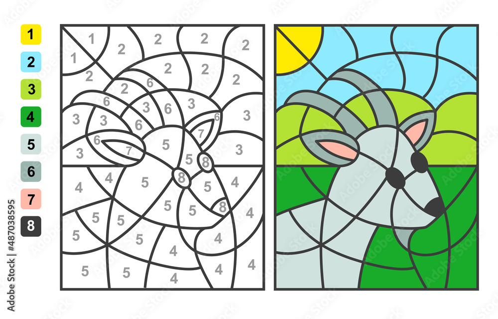 เวกเตอร์ Stock Color by numbers, farm animal goat. Puzzle game for ...