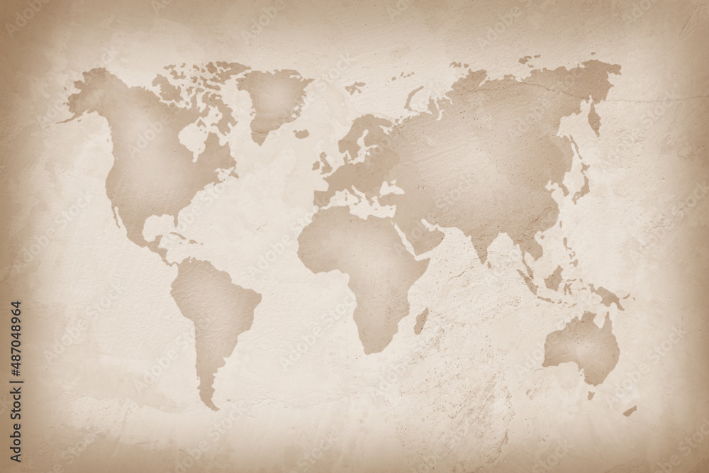 World map on an old paper texture background. Design retro nautical ...