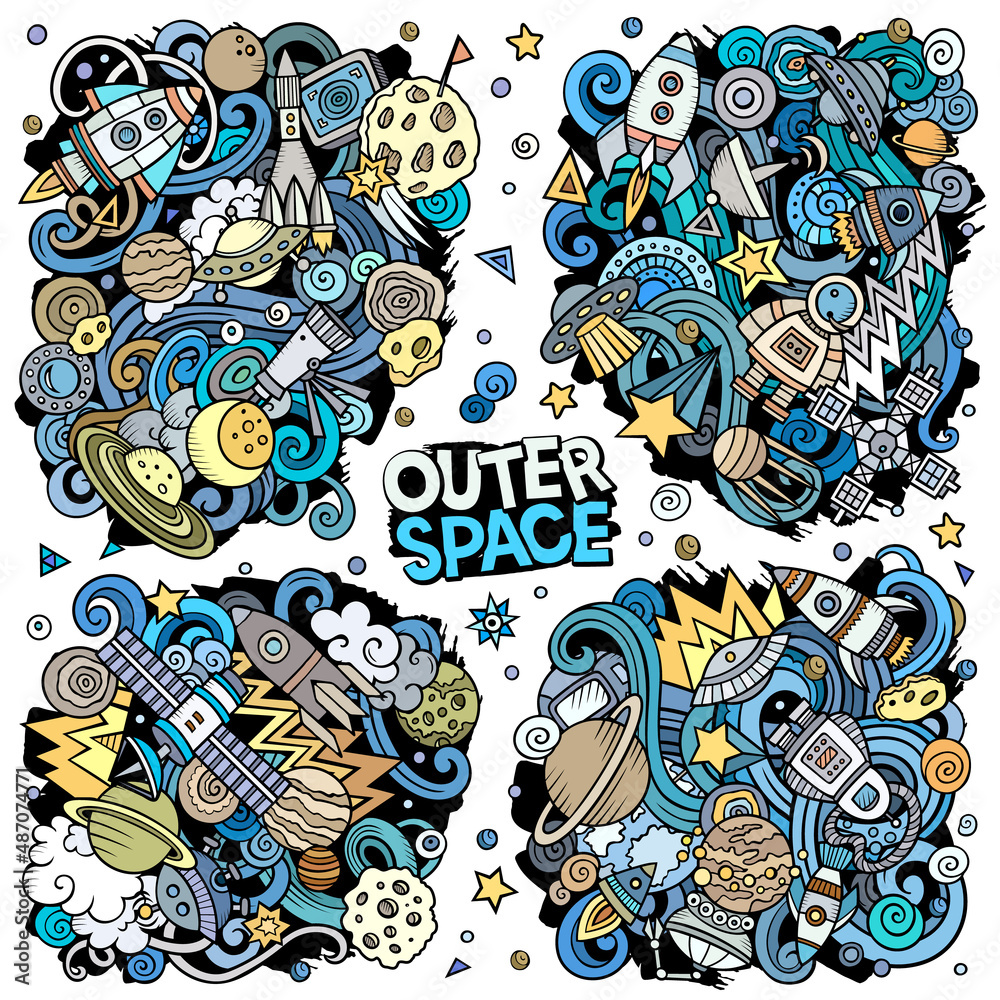 Outer Space cartoon vector doodle designs set. Stock Vector | Adobe Stock