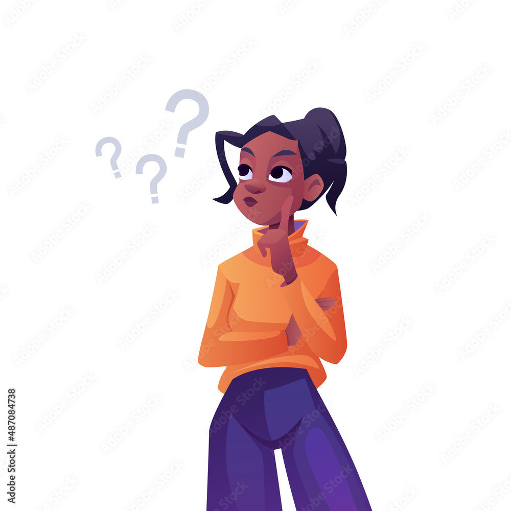 Female personage with question mark and confused look. Vector isolated ...