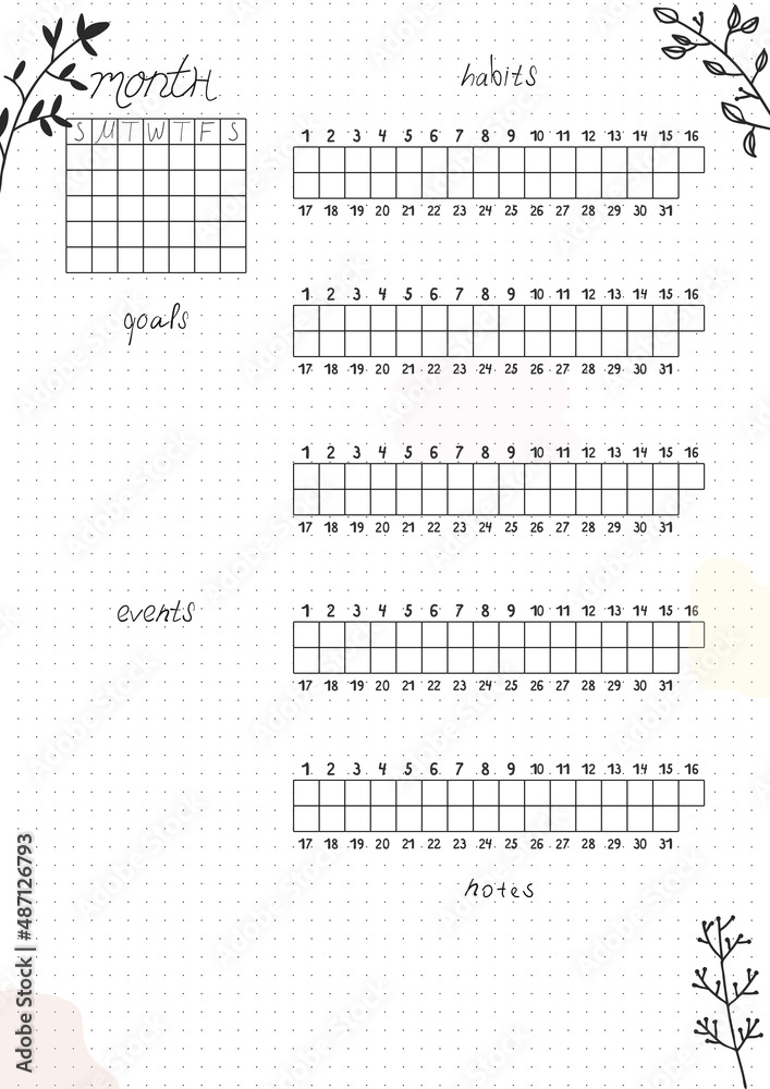 Printable A4 paper sheet, bullet journal page with hand drawn flowers ...