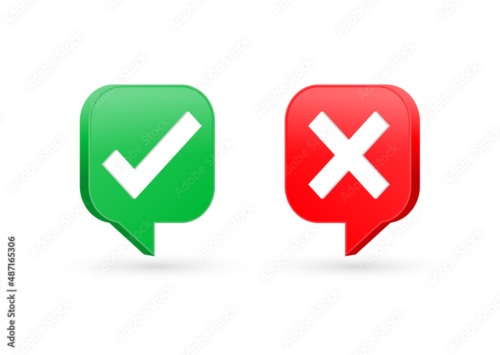 Vector de Stock 3d check mark icon button in speech bubble - correct and incorrect sign or green ...