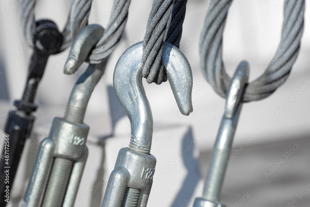 Connection and fastening of iron cables with a steel turnbuckles. Stock ...