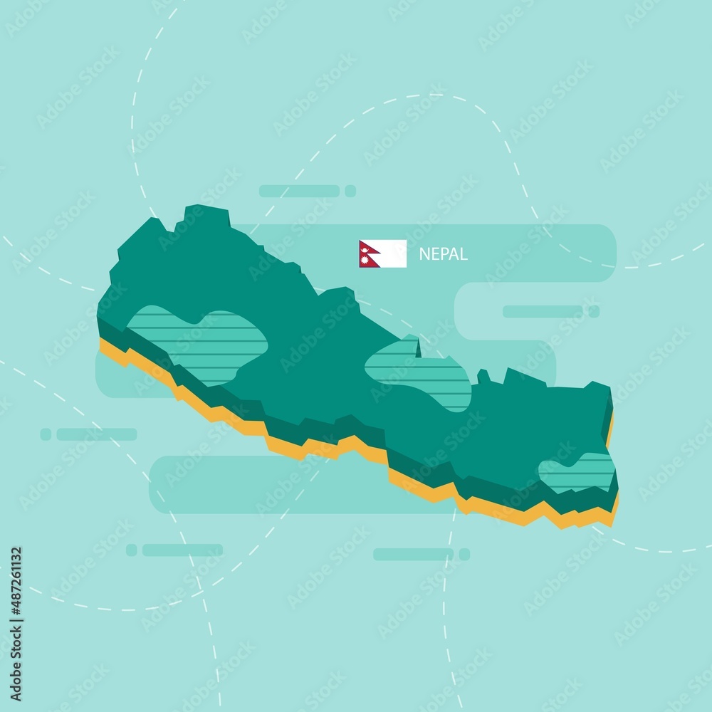 3d vector map of Nepal with name and flag of country on light green ...