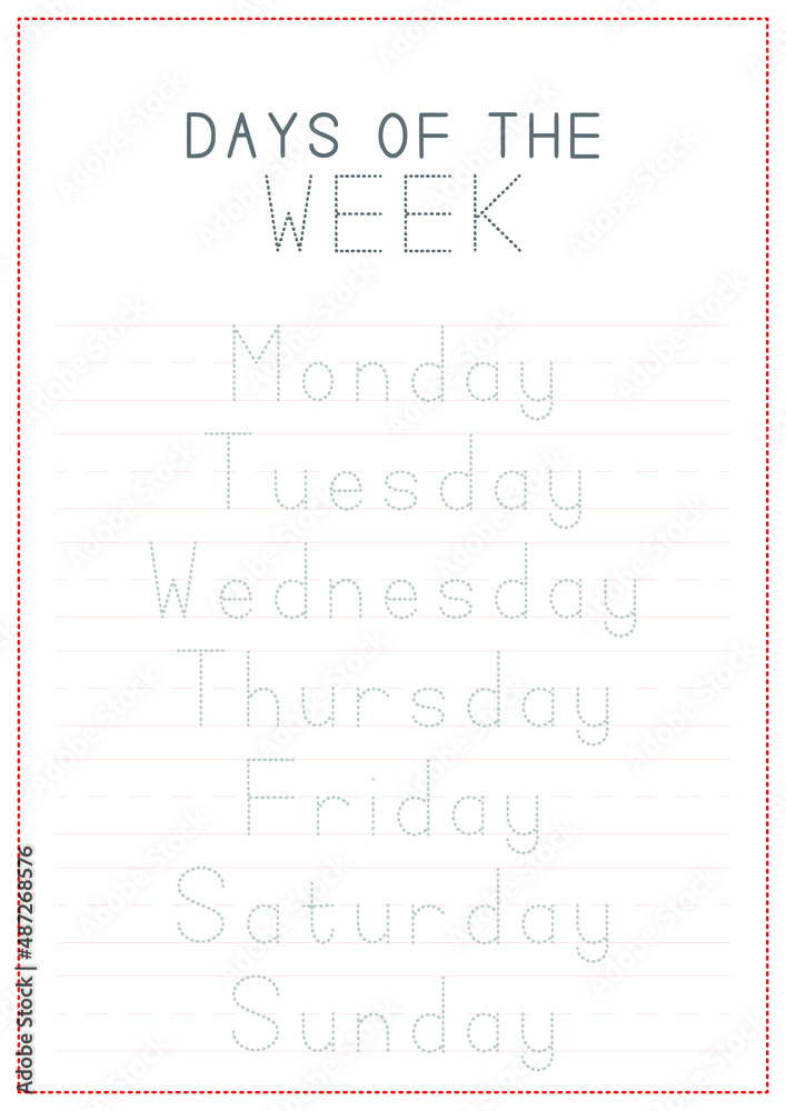 Children Tracing Worksheet - Days of the Week Stock Vector | Adobe Stock
