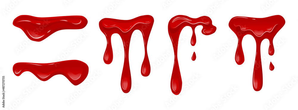 Dripping blood set. Flowing red liquid, red viscous slime. Vector ...