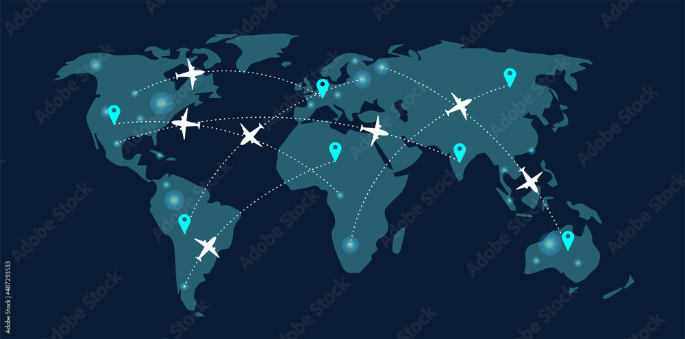Top view world map with aircraft, air pathes and pins. Wide flat vector ...
