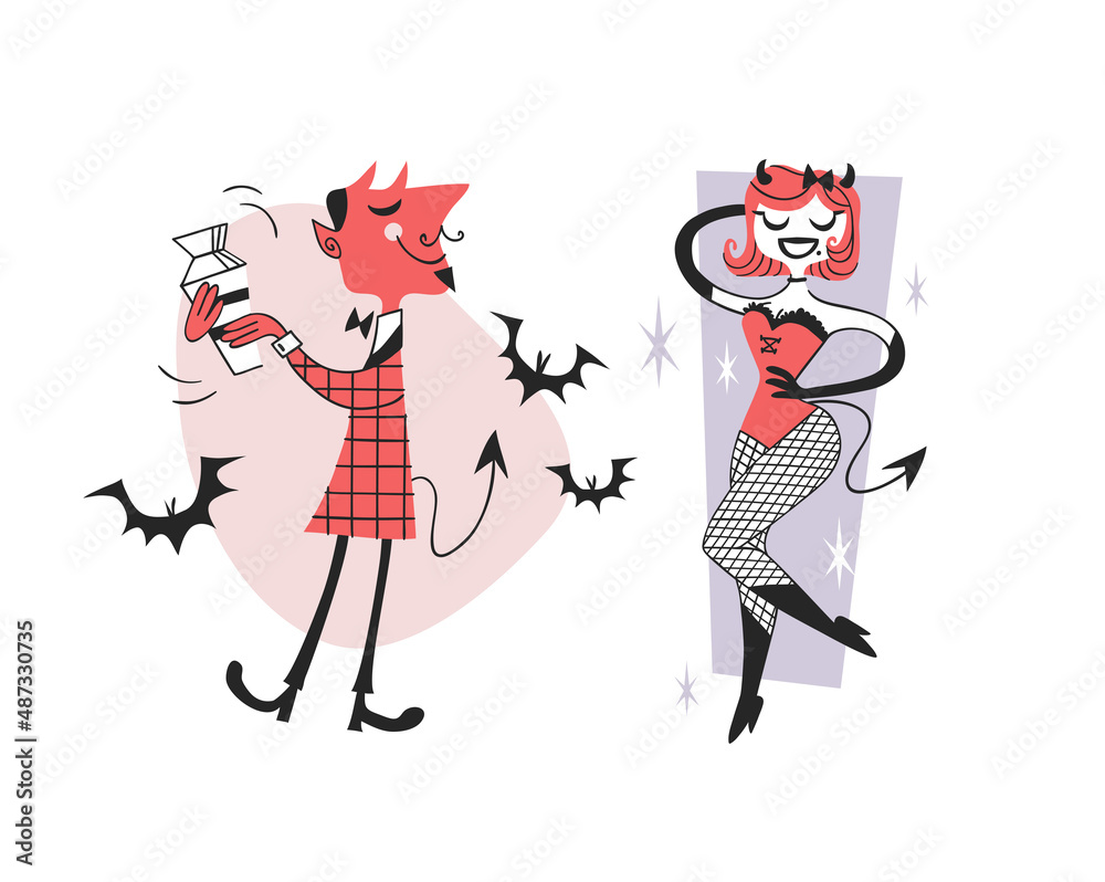 Hand drawn Retro illustration Halloween Characters. Creative Cartoon ...