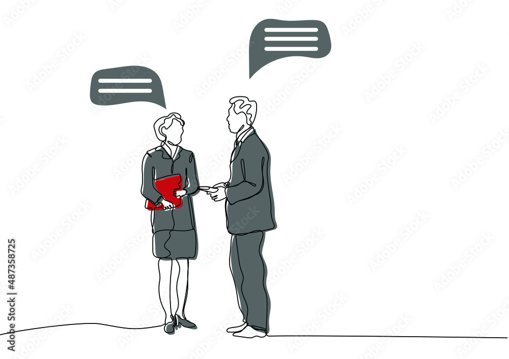 Male and female colleagues are having a business conversation. The ...