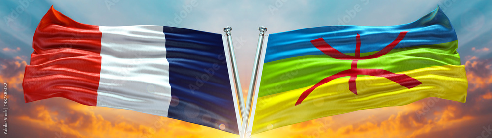 France flag and Berber Amazigh Flag waving with texture sky Cloud and ...