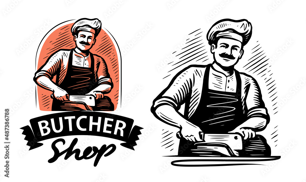 Chef cuts piece of meat with cleaver. Butcher shop emblem. Vintage ...