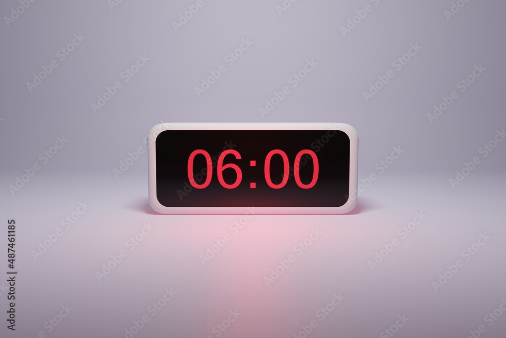 3d alarm clock displaying current time with hour and minute 06.00 6 am - Digital clock with red ...
