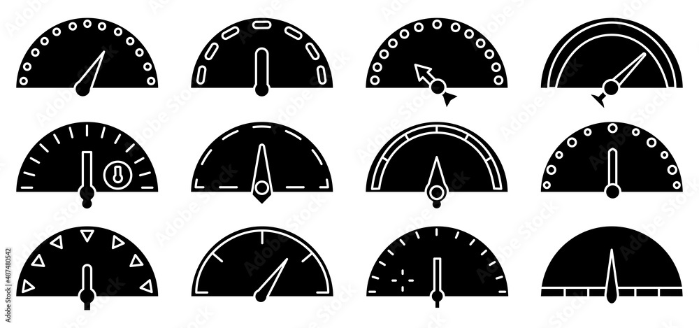 Speedometers and indicators, scales line glyph silhouette icon set ...