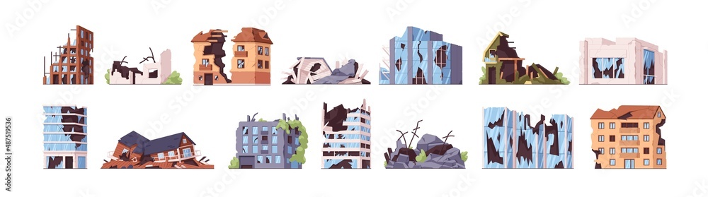 Broken ruined buildings, houses set. Damaged destroyed constructions ...
