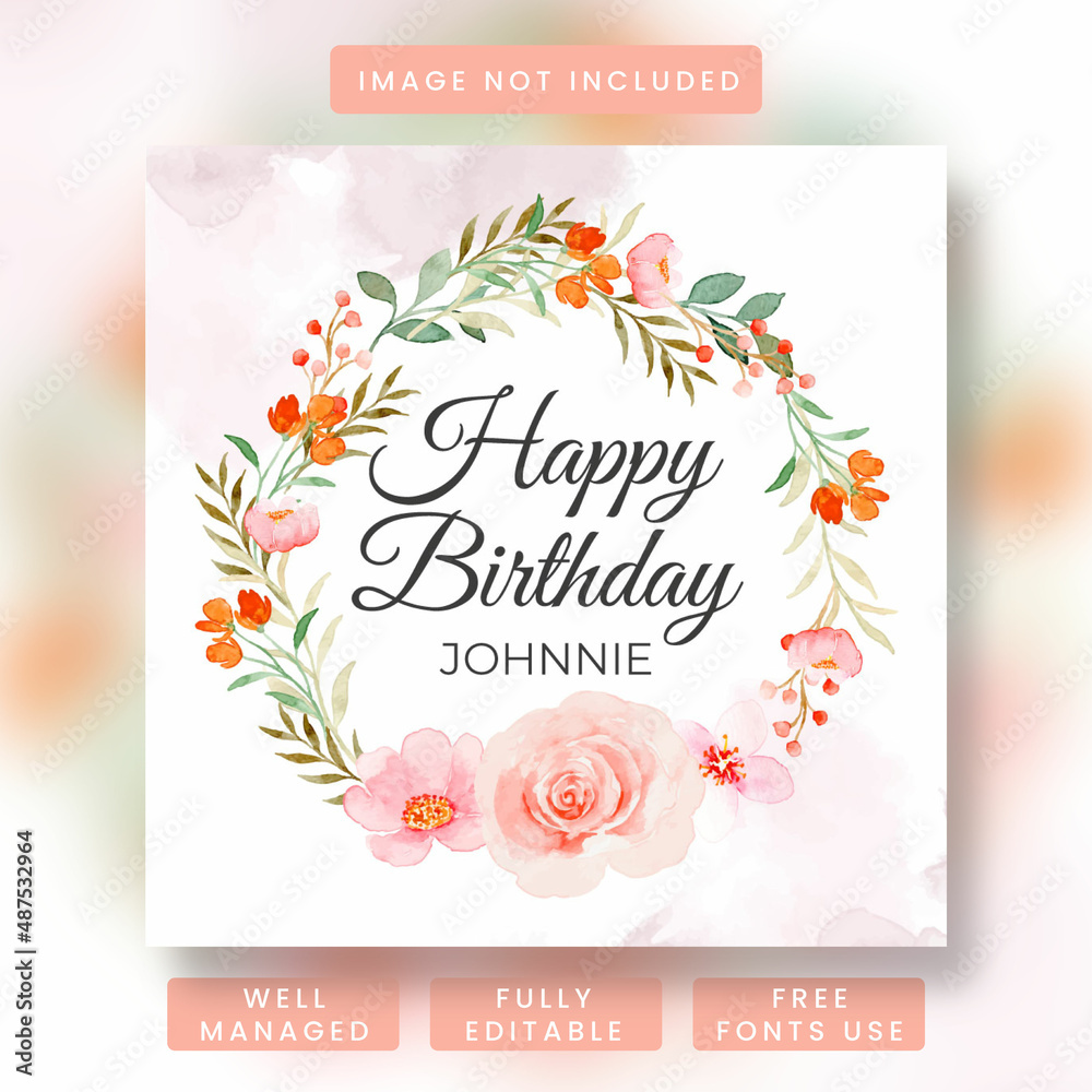 Romantic hand drawn floral happy birthday card design template Stock ...