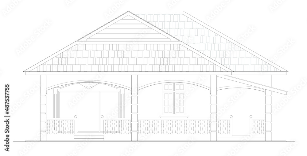 2D CAD single storey house external elevation drawing complete with ...