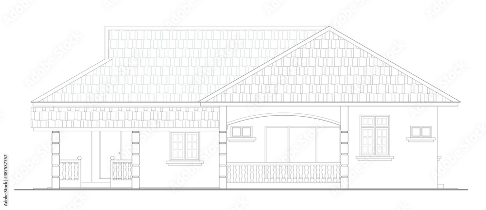2D CAD single storey house external elevation drawing complete with ...