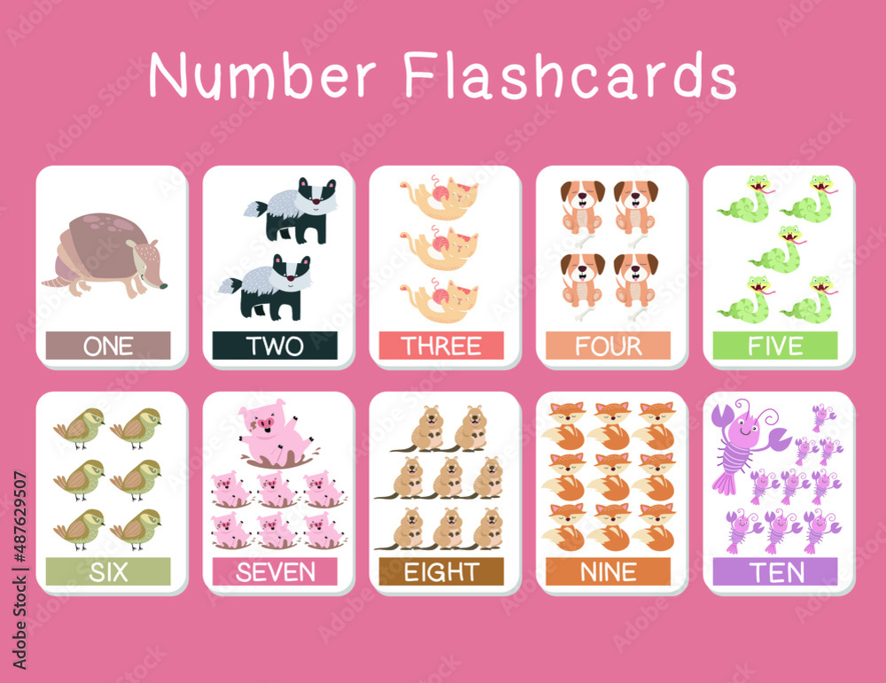 Cute number flashcards with animals set. English counting 1 to ten ...