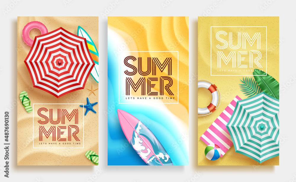 Summer vector poster set design. Summer text in sand beach background ...