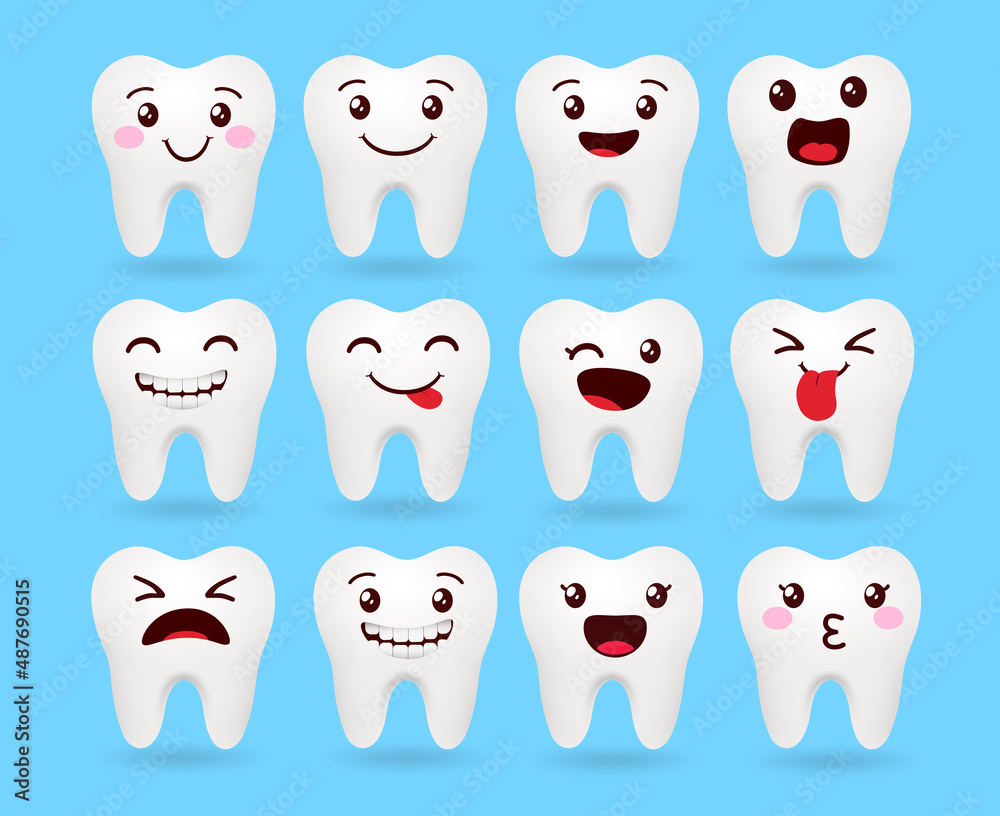 Emoji tooth vector set design. Emojis teeth emoticon with cute kawaii ...