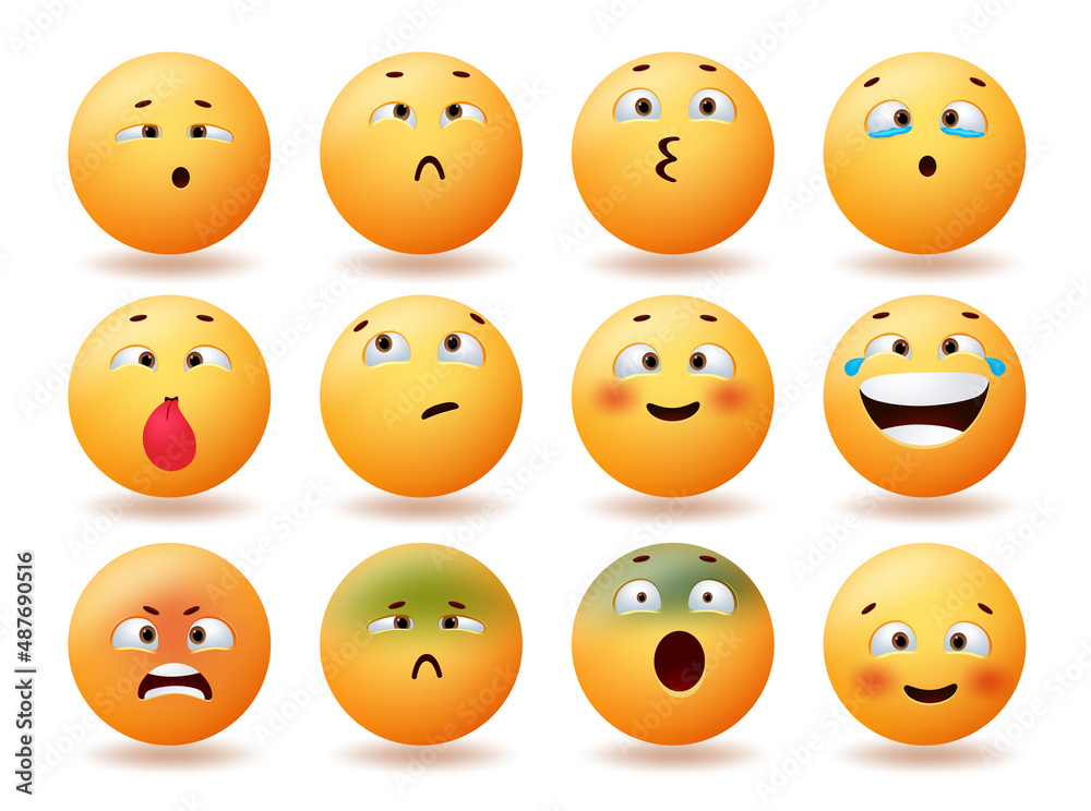 Emoji cute emoticons vector set design. Emoticon character faces with ...