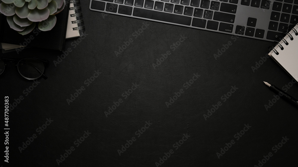 Top view, Modern office table with keyboard and copy space on black ...