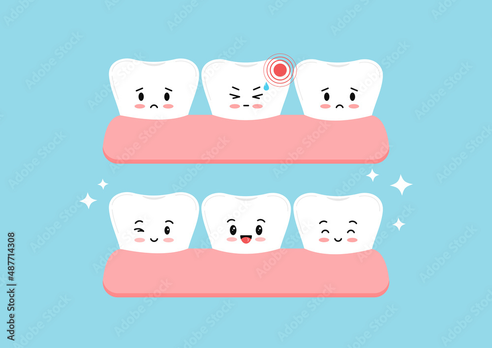 Healty tooth vs with pain ache isolated. Cute sick teeth in gum ...