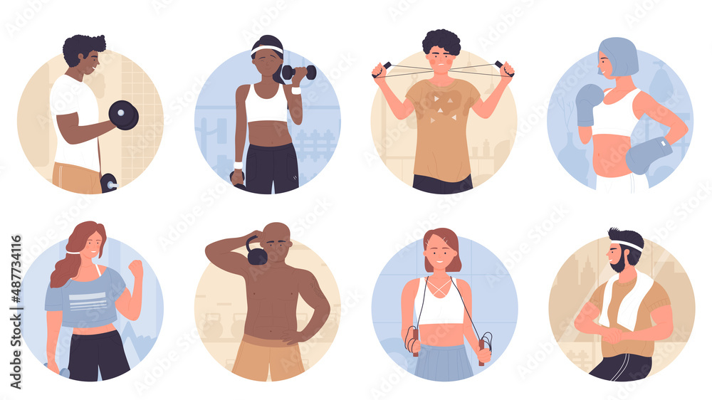 Sport exercises of people in gym, round avatar set vector illustration ...