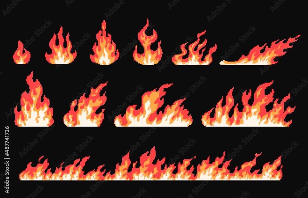 Vector de Stock Pixel art fire and flame, burning effect for 8 bit ...