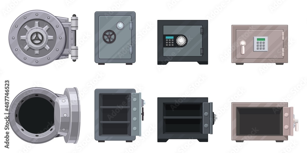 Bank metal vault and safes with open and closed doors. Secure boxes ...