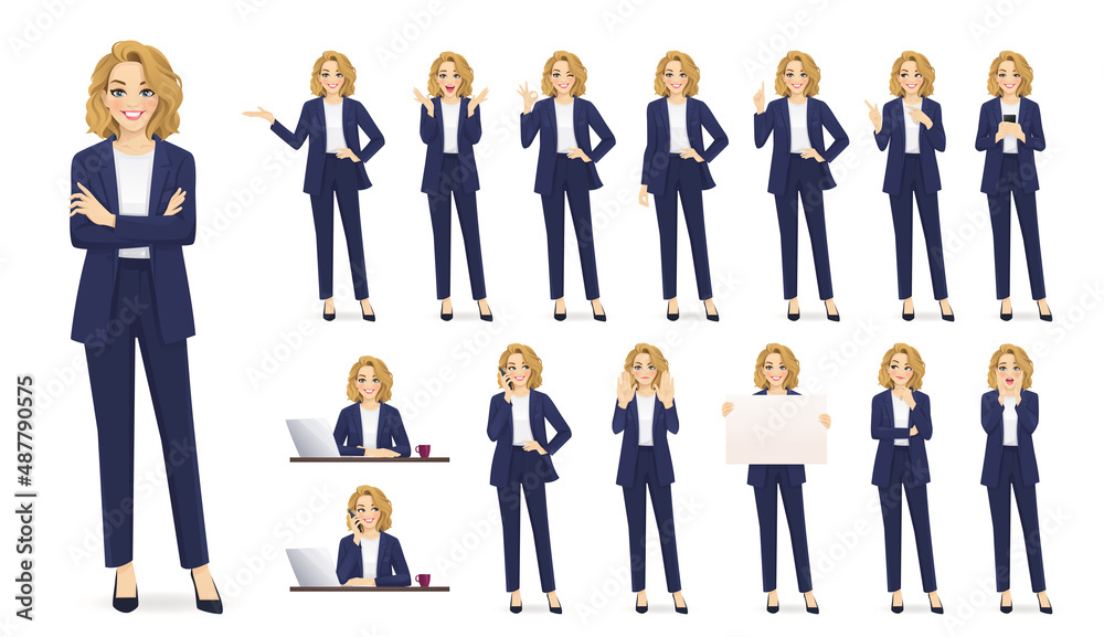 Elegant beautiful business woman in different poses set. Various ...