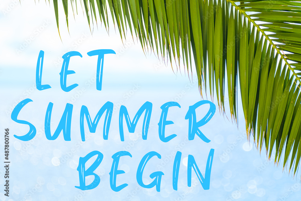 Let summer begin text on the background with palm leaf and blue sea ...