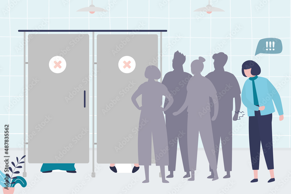 Woman wants to go to toilet and is standing in line. Crowd of people in ...