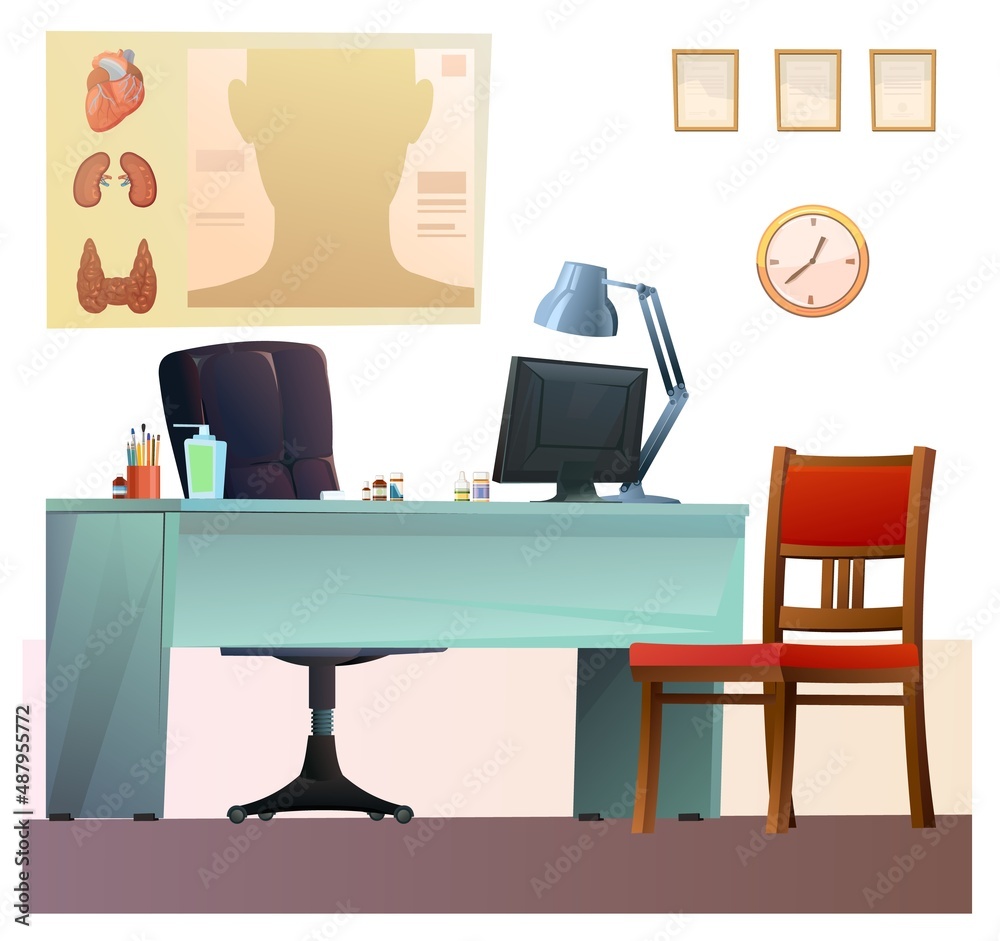 Doctor office. Work desk with armchair and PC computer. Isolated on ...