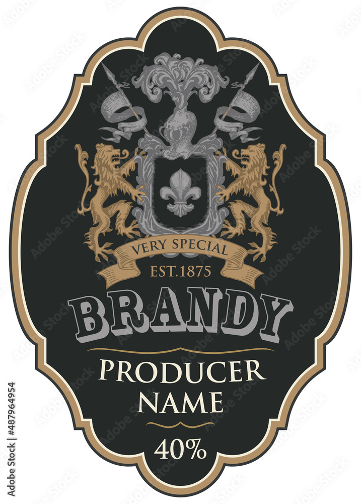 Vector label for Brandy with hand-drawn coat of arms on a black ...
