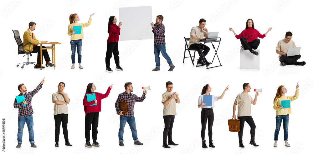 Collage. Office workers, employees during working day cycle isolated ...