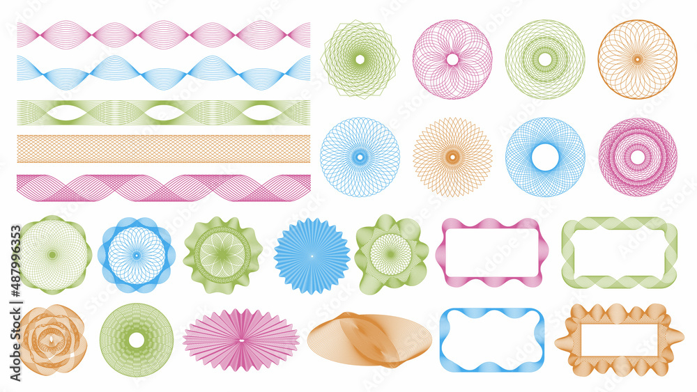 Guilloche pattern watermarks, geometric money watermark elements ...
