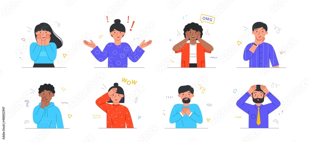Shock and surprise reactions set. Men and women express positive or ...