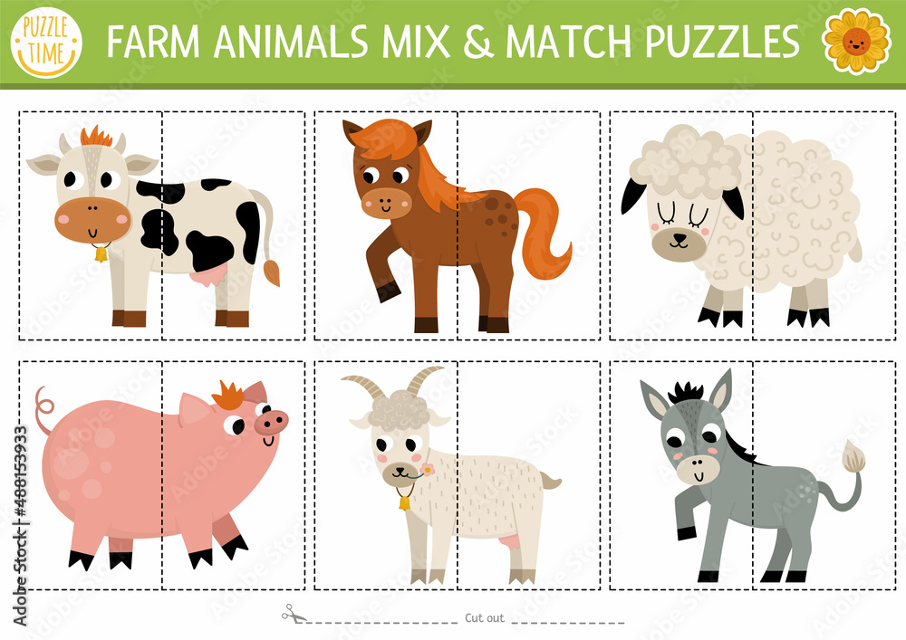 Vector on the farm mix and match puzzle with cute farm animals. Matching rural countryside ...