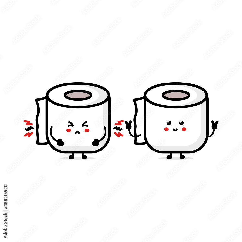 Cute funny happy poop and toilet paper friends. Vector hand drawn ...