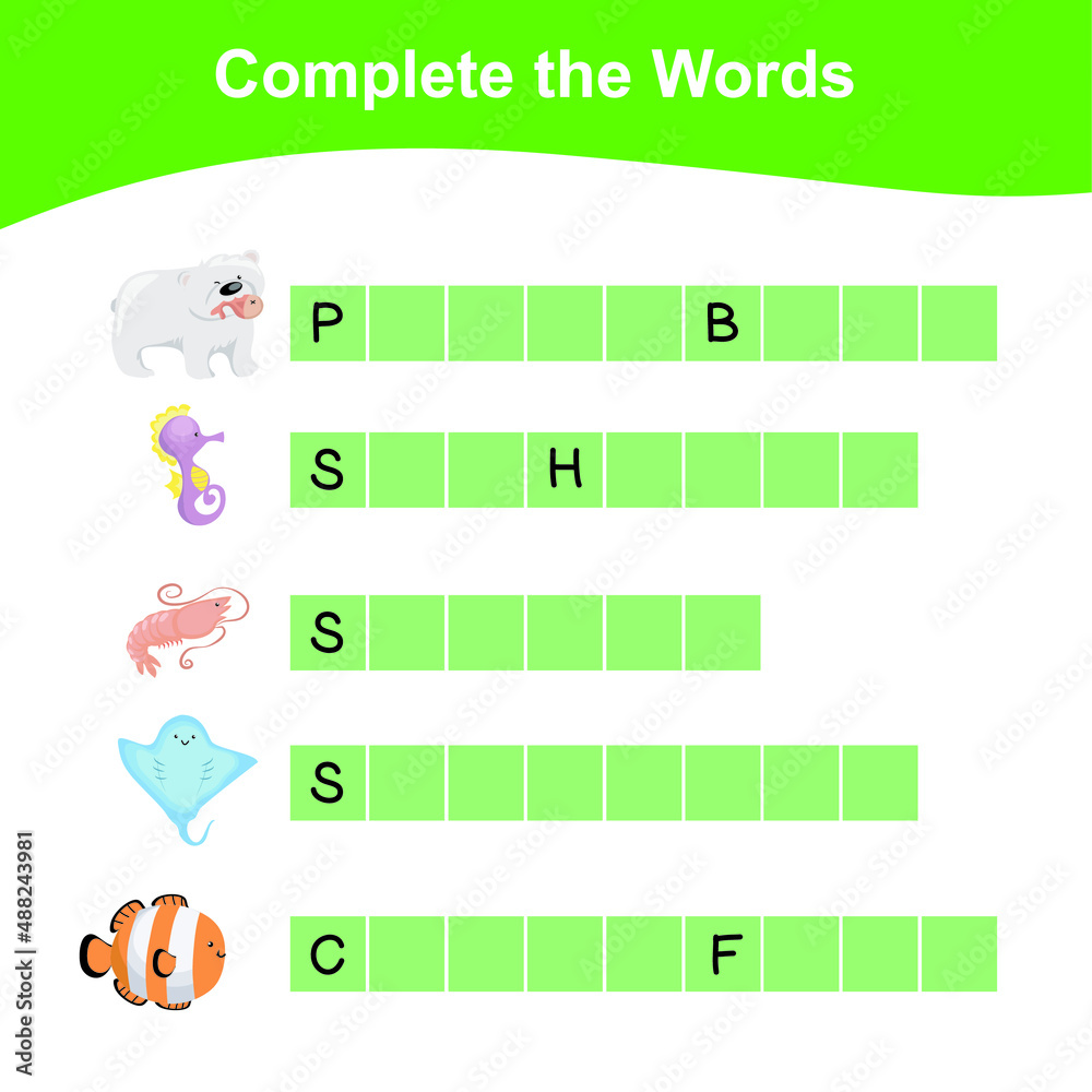 What letters are missing? Complete the words. Sea animals Theme Names ...