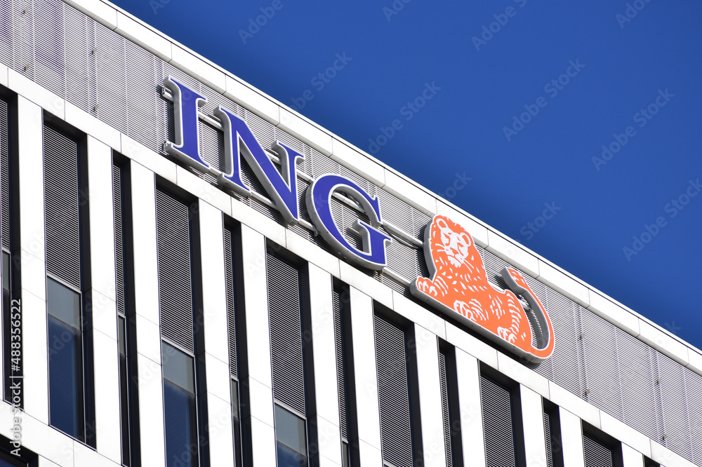 ING logo, signage, emblem on the facade of ING Bank Slaski, Dutch ...