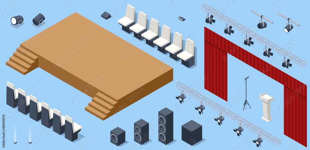Room for press conferences constructor. Isometric stand for press ...