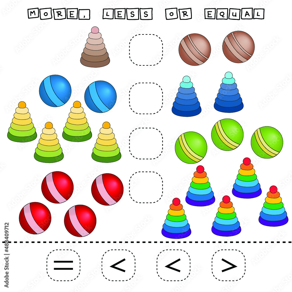 Which is greater, less or equal game with colorful toys. Worksheet for ...
