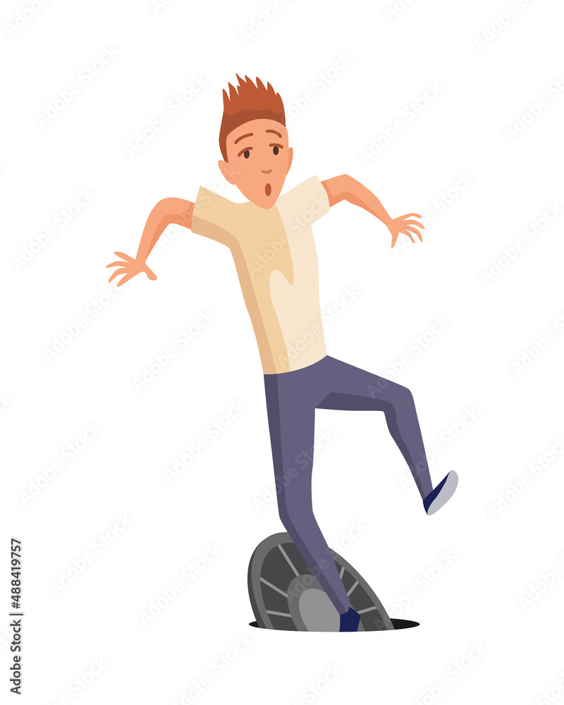 Falling man. Falling down people through the open hatch, accident ...