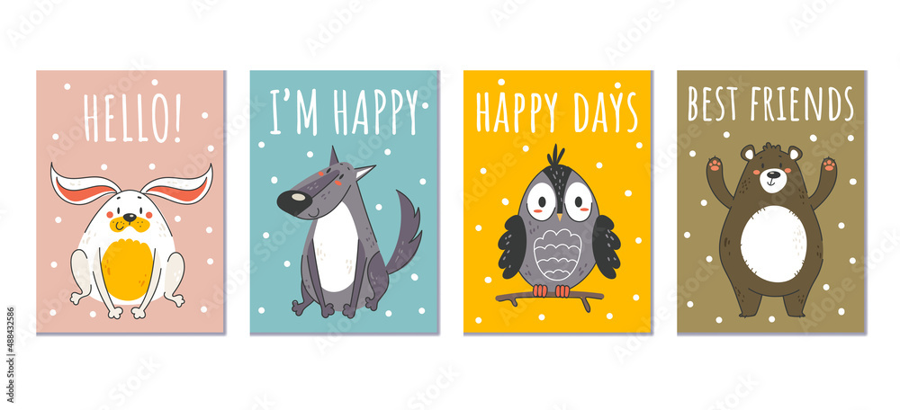 Forest animals cards template illustration graphic design set ...